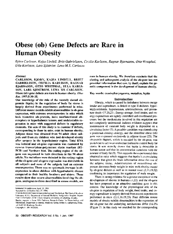 (PDF) Obese (ob) Gene Defects are Rare in Human Obesity