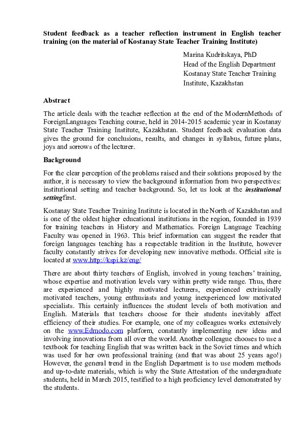 Student feedback as a teacher reflection instrument in English teacher ...