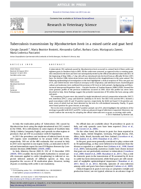 (PDF) Tuberculosis transmission by Mycobacterium bovis in a mixed ...