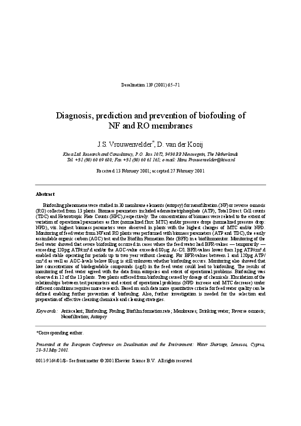 (PDF) Diagnosis, prediction and prevention of biofouling of NF and RO membranes
