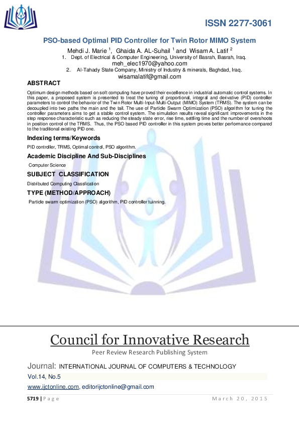 Pdf Pso Based Optimal Pid Controller For Twin Rotor Mimo System Council For Innovative Research