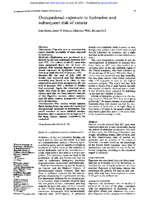 (PDF) Occupational exposure to hydrazine and subsequent risk of cancer