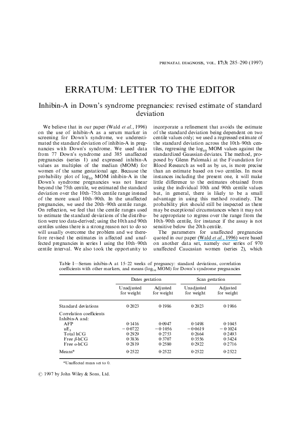 (PDF) Erratum. Letter to the Editor: Inhibin-A in Down's syndrome pregnancies: revised estimate ...