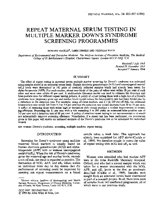 (PDF) Repeat maternal serum testing in multiple marker down's syndrome ...