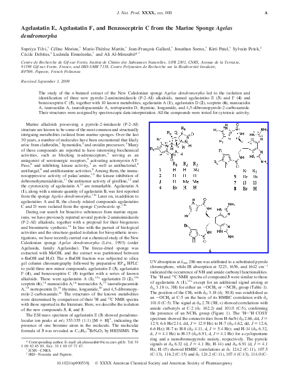 (PDF) Agelastatin E, Agelastatin F, and Benzosceptrin C from the Marine Sponge Agelas dendromorpha