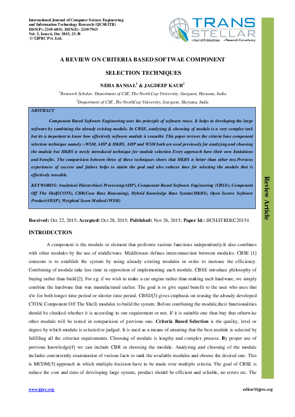 A REVIEW ON CRITERIA BASED SOFTWAE COMPONENT SELECTION TECHNIQUES | TJPRC Publication - Academia.edu