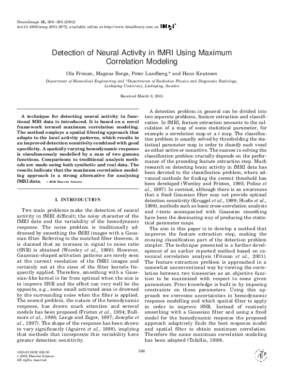 Pdf Detection Of Neural Activity In Fmri Using Maximum Correlation