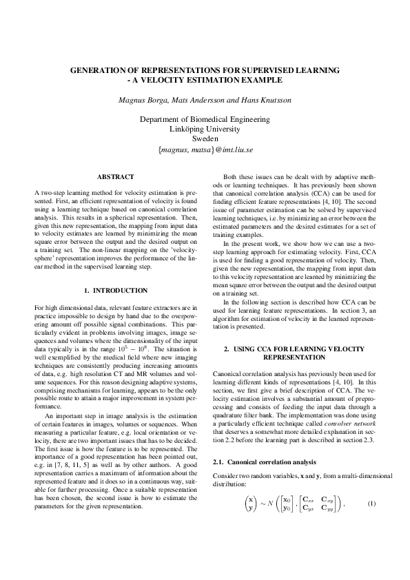 (PDF) Generation of representations for supervised learning-a velocity estimation example