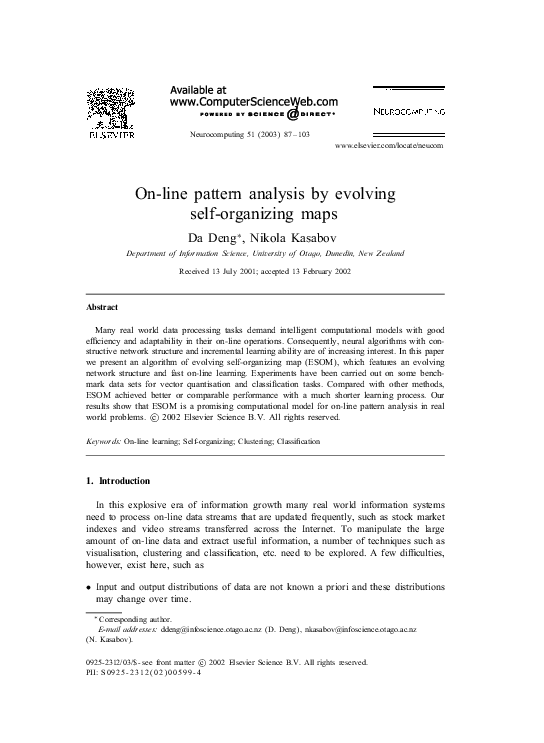 (PDF) On-line pattern analysis by evolving self-organizing maps | Nikola Kasabov, Professor ...