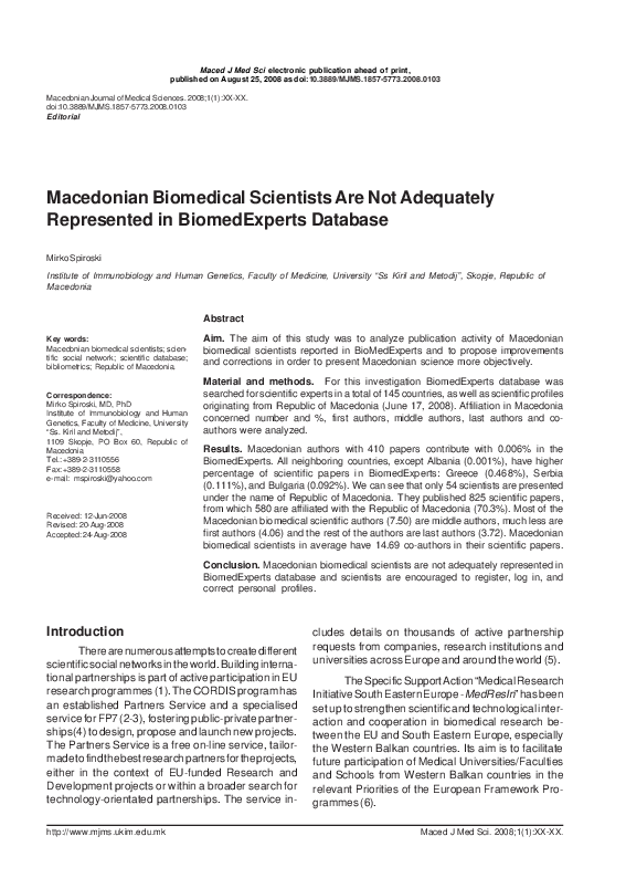 (PDF) Macedonian Scientists' Representation in BiomedExperts