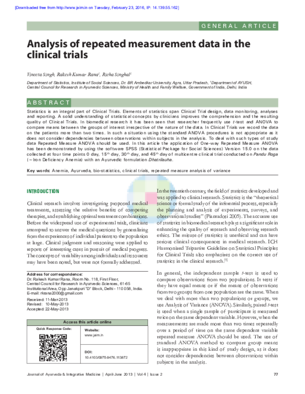 (PDF) Analysis of repeated measurement data in the clinical trials