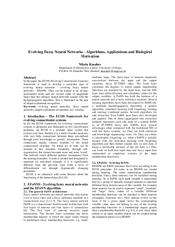 Pdf Evolving Fuzzy Neural Networks Algorithms Applications And Biological Motivation