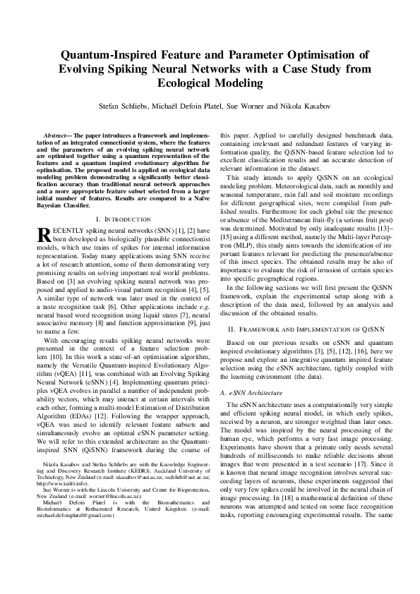 Pdf Quantum Inspired Feature And Parameter Optimisation Of Evolving Spiking Neural Networks