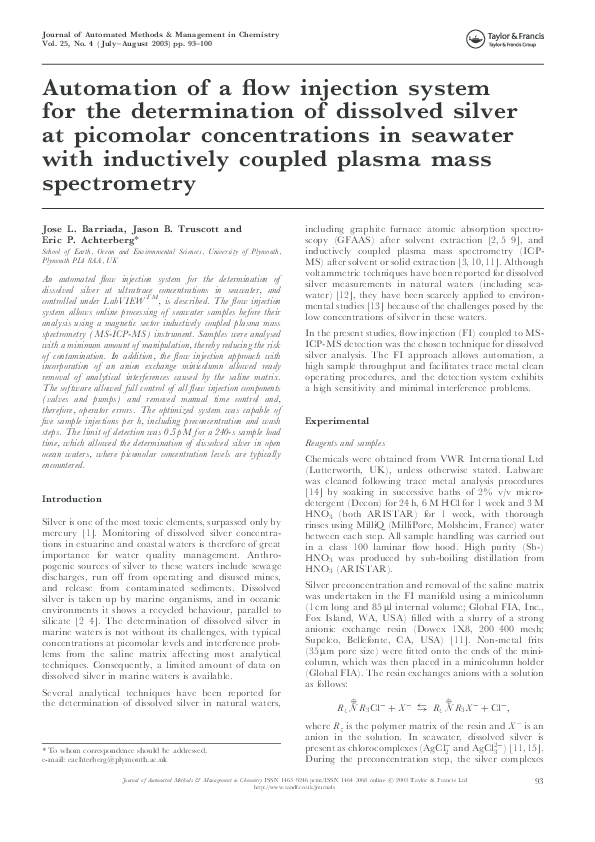 Pdf Automation Of A Flow Injection System For The Determination Of Dissolved Silver At