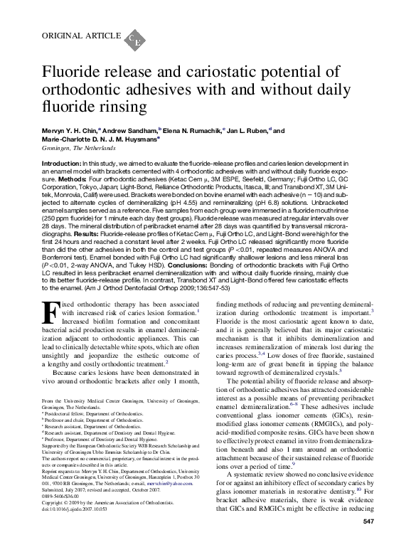 (PDF) Fluoride release and cariostatic potential of orthodontic ...