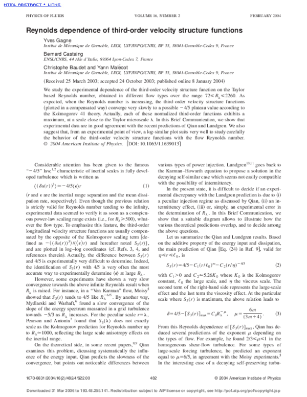 (PDF) Reynolds dependence of third-order velocity structure functions
