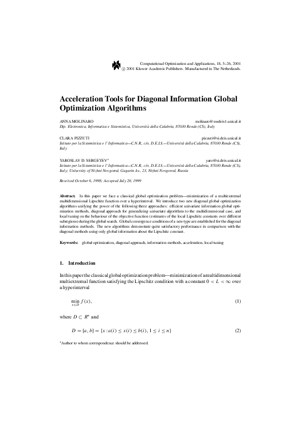 (PDF) Acceleration Tools for Diagonal Information Global Optimization Algorithms