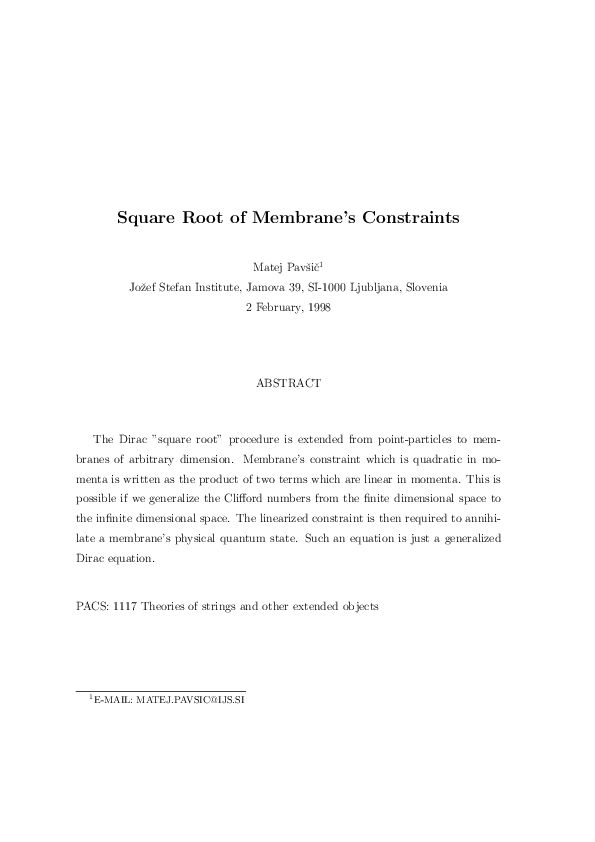 (PDF) Square Root of Membrane’s Constraints