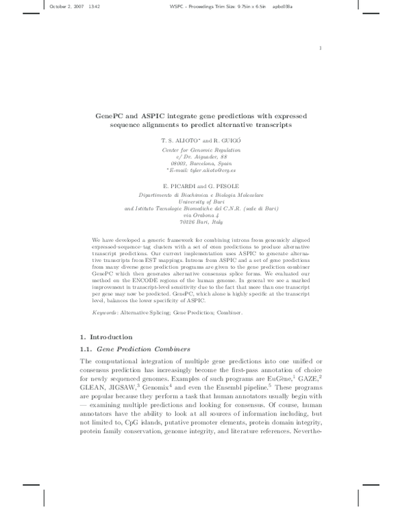 (PDF) GenePC AND ASPIC INTEGRATE GENE PREDICTIONS WITH EXPRESSED SEQUENCE ALIGNMENTS TO PREDICT ...