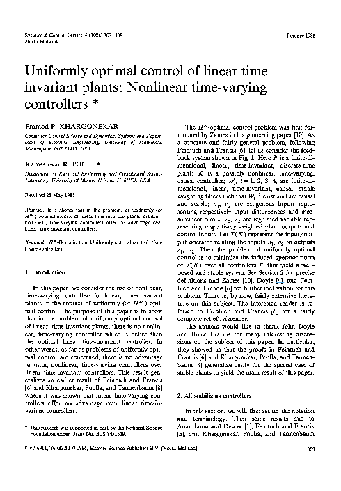 Uniformly Optimal Control Of Linear Time Invariant Plants Nonlinear Time Varying Controllers 0070
