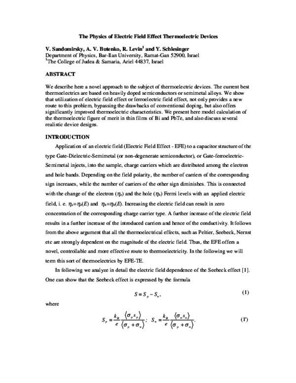 (PDF) The Physics of Electric Field Effect Thermoelectric Devices