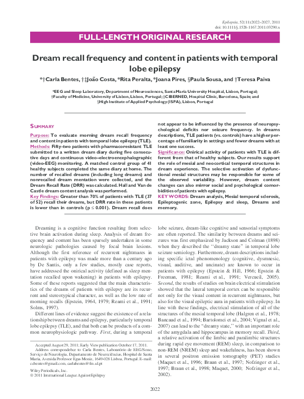 (PDF) Dream recall frequency and content in patients with temporal lobe ...