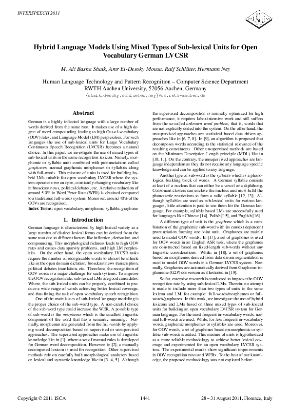 (PDF) Hybrid Language Models Using Mixed Types of Sub-Lexical Units for Open Vocabulary German LVCSR