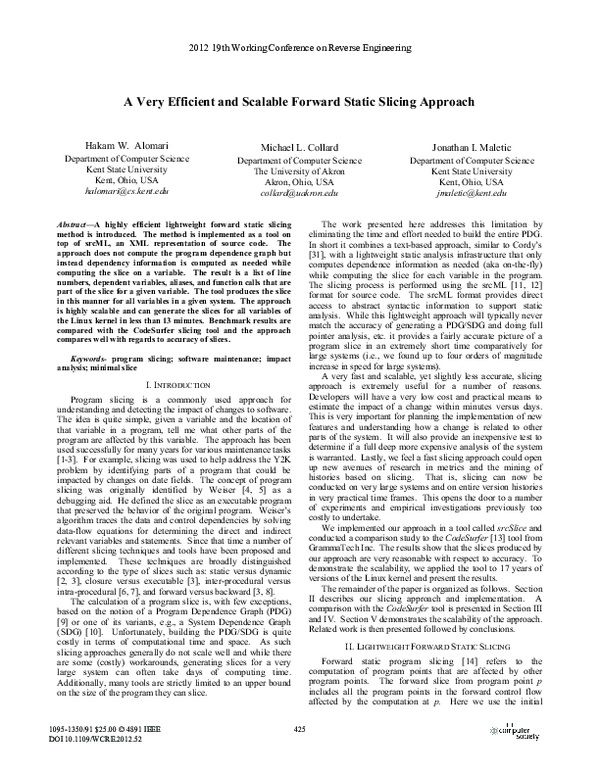 Pdf A Very Efficient And Scalable Forward Static Slicing Approach