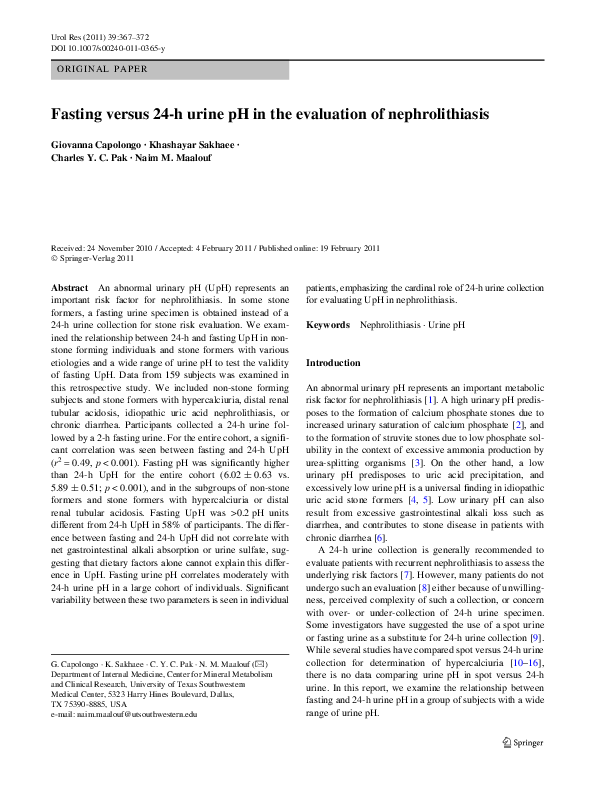 (PDF) Fasting versus 24-h urine pH in the evaluation of nephrolithiasis