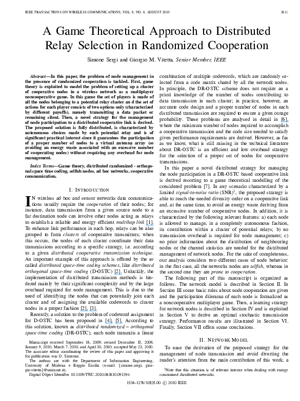 (PDF) A Game Theoretical Approach to Distributed Relay Selection in Randomized Cooperation