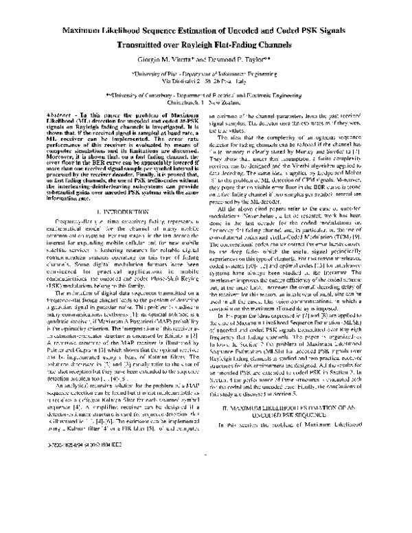 Pdf Maximum Likelihood Sequence Estimation Of Uncoded And Coded Psk