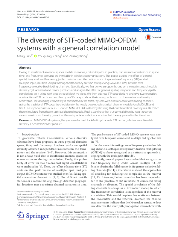 (PDF) The diversity of STF-coded MIMO-OFDM systems with a general correlation model