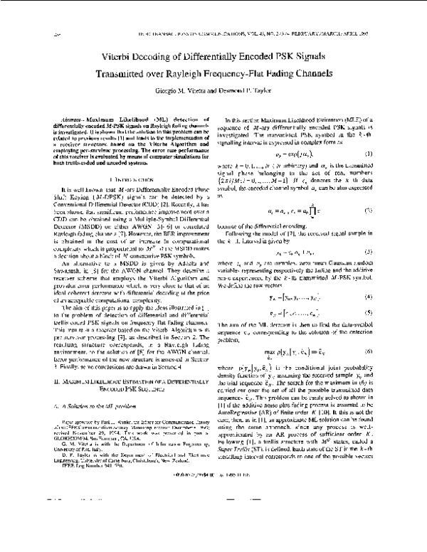 (PDF) Viterbi decoding of differentially encoded PSK signals transmitted over Rayleigh frequency ...