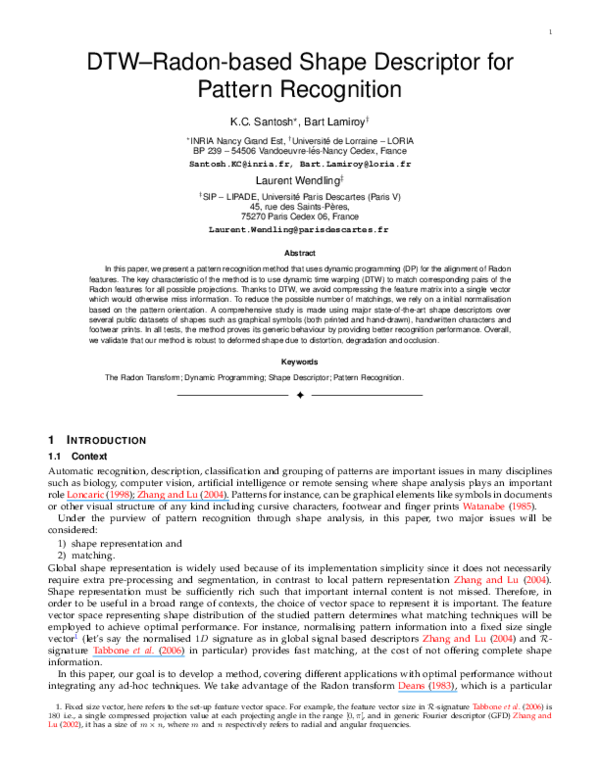 Pdf Dtwradon Based Shape Descriptor For Pattern Recognition