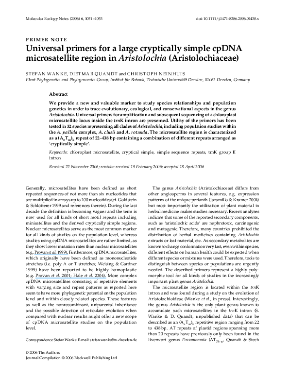 (PDF) Universal primers for a large cryptically simple cpDNA ...