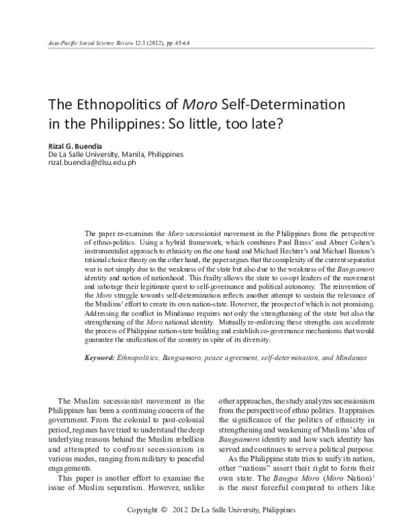 (PDF) The Ethnopolitics of Moro Self-Determination in the Philippines ...