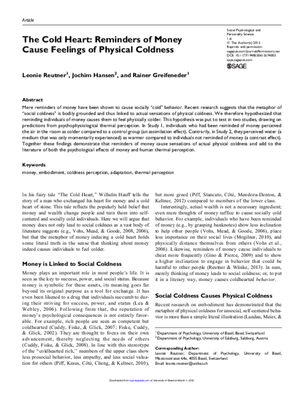 (PDF) The Cold Heart: Reminders of Money Cause Feelings of Physical ...