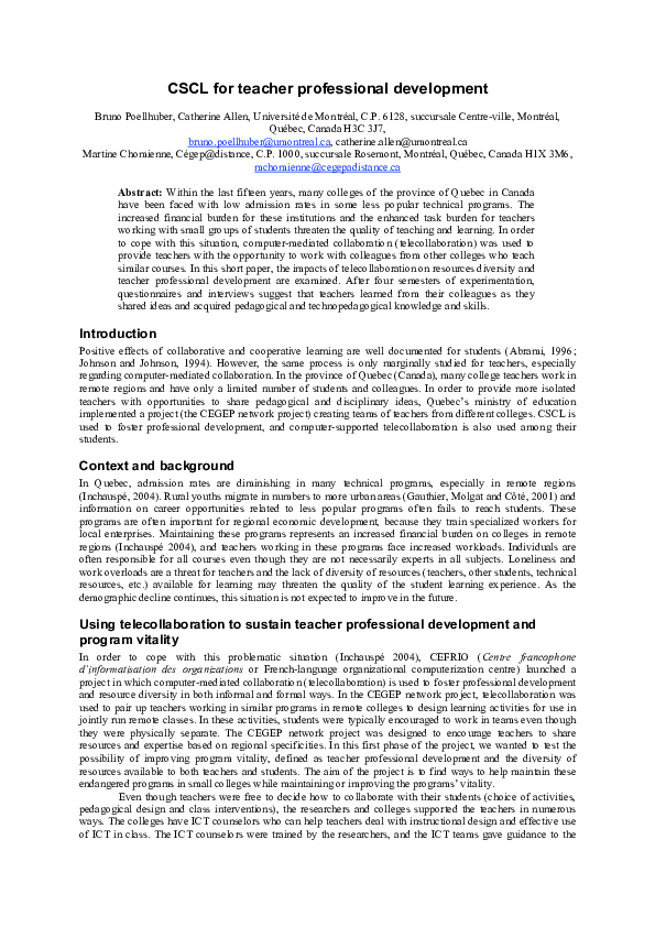 Pdf Cscl For Teacher Professional Development