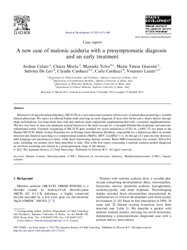 (PDF) A new case of malonic aciduria with a presymptomatic diagnosis ...