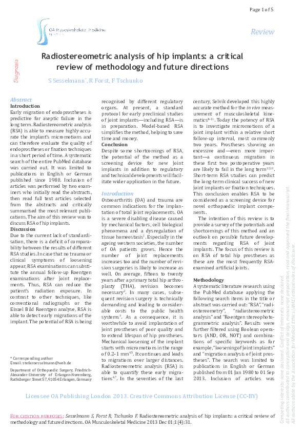 Radiostereometric analysis of hip implants: a critical review of ...