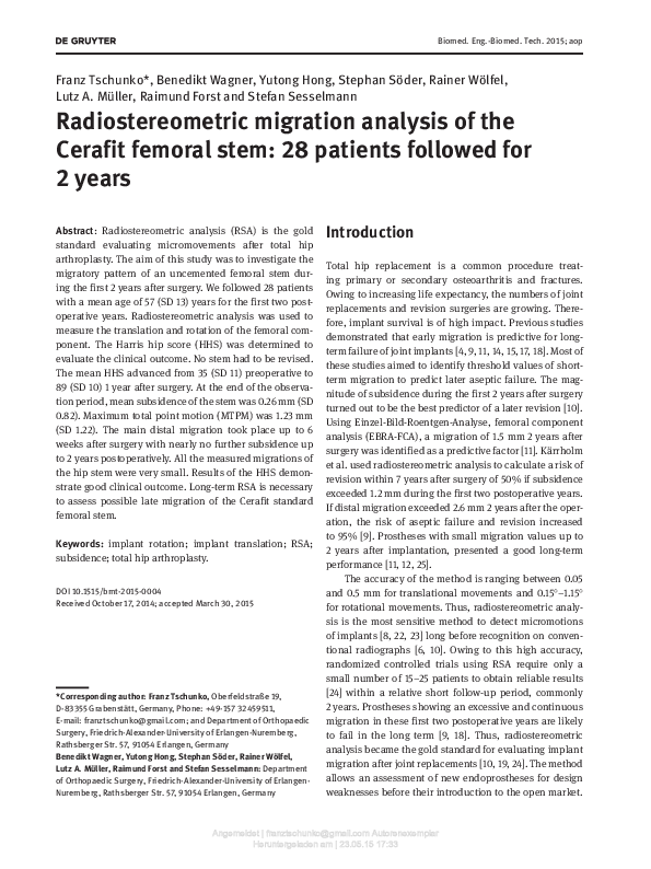 Radiostereometric migration analysis of the Cerafit femoral stem: 28 ...