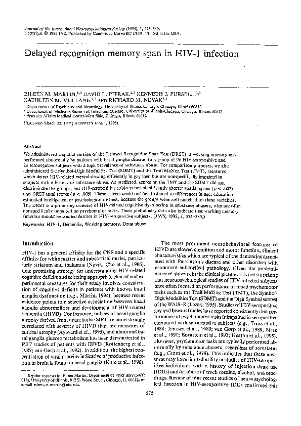 (PDF) Delayed recognition memory span in HIV-1 infection