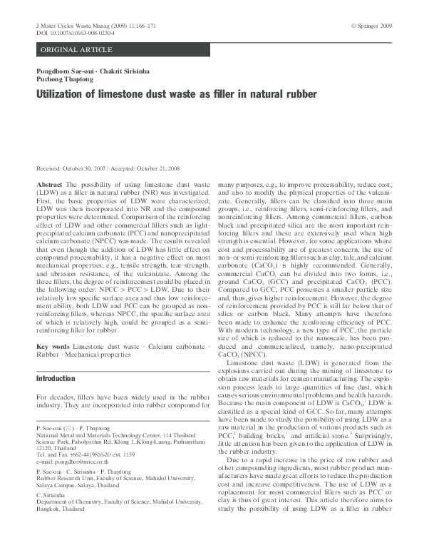 (PDF) Utilization of limestone dust waste as filler in natural rubber