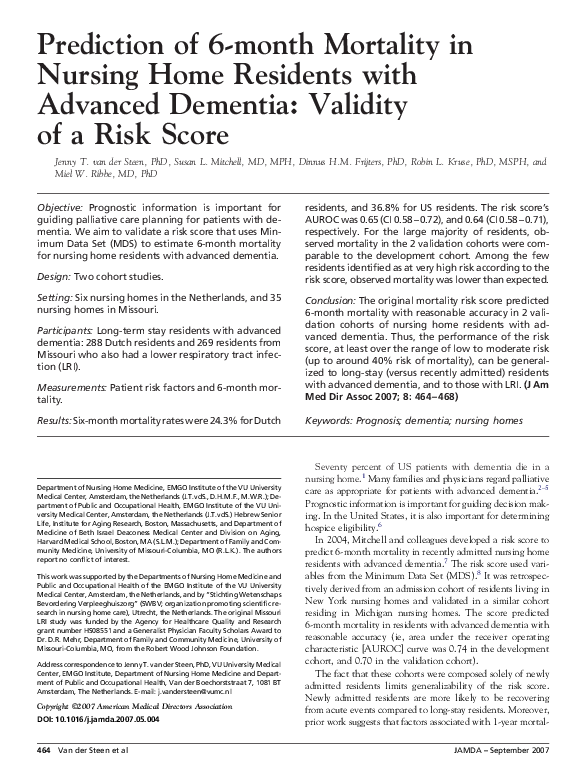 (PDF) Prediction of 6-month Mortality in Nursing Home Residents with ...