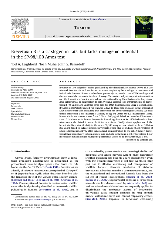 (PDF) Brevetoxin B is a clastogen in rats, but lacks mutagenic ...