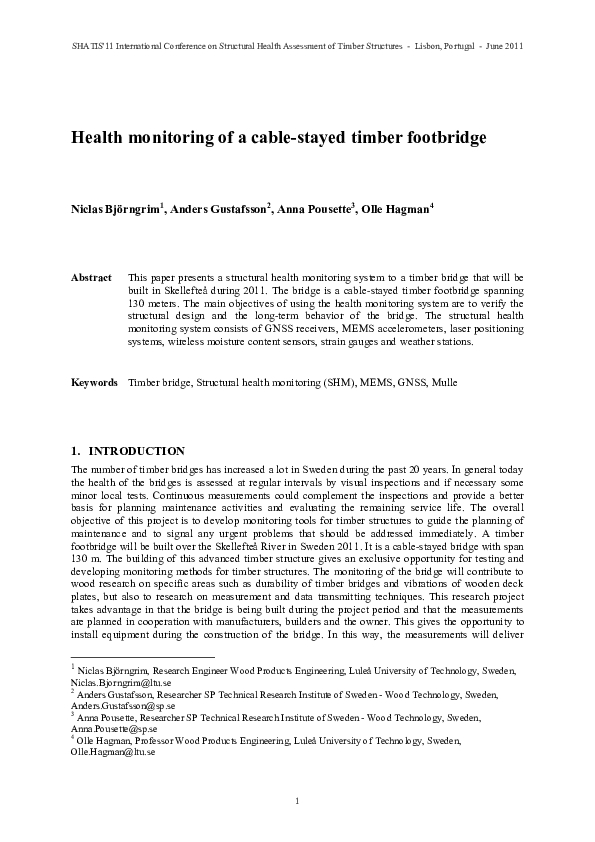 (PDF) Health monitoring of a cable-stayed timber footbridge
