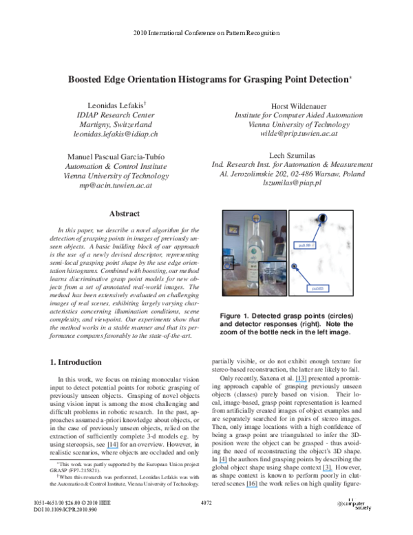 Pdf Boosted Edge Orientation Histograms For Grasping Point Detection