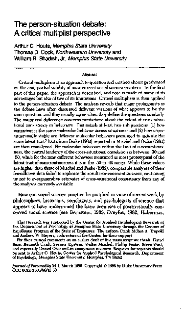 (PDF) The person-situation debate: A critical multiplist perspective
