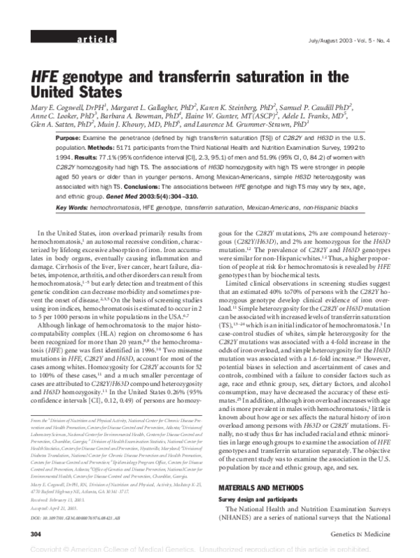 (PDF) HFE genotype and transferrin saturation in the United States
