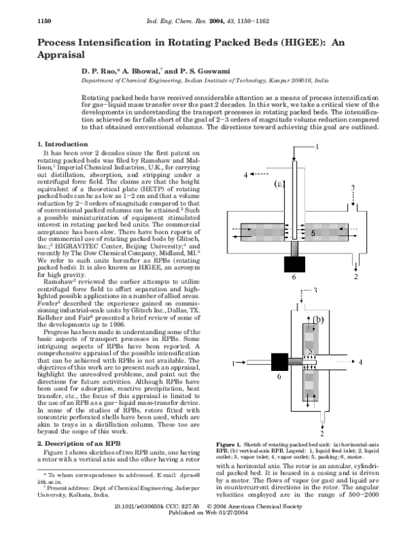 (PDF) Process Intensification in Rotating Packed Beds (HIGEE): An Appraisal